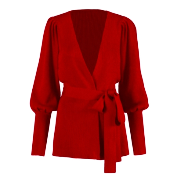 CAbi | Sweaters | Cabi Cabaret Red Wrap Sweater With Puff Sleeves L ...